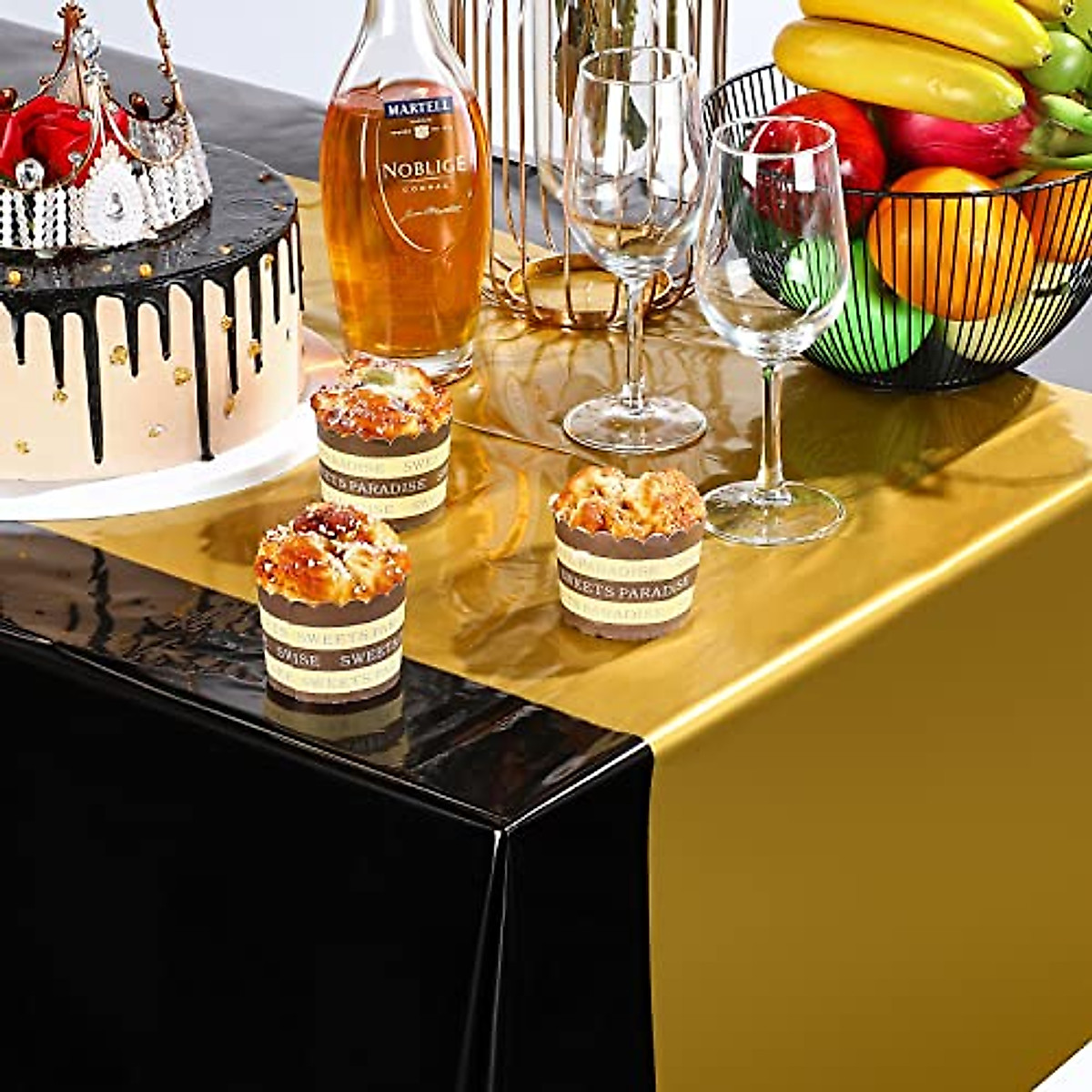 Tablecloth Black Plastic Table Cover Rectangle Disposable Tablecloth Set for Graduation Birthday Wedding Anniversary Picnic Festive Events Party Table Decoration Supplies (Black and Gold, 3)
