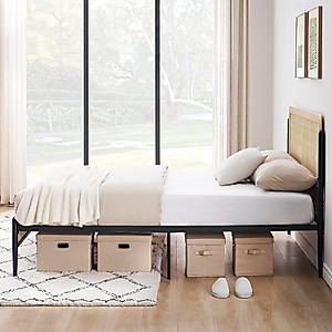 GarveeHome Queen Size Bed Frame with Rattan Headboard, Rattan Queen Platform Bed Boho Style with Strong Metal Slats Support, Under Bed Storage, Noise-Free, No Box Spring Needed, Light Oak