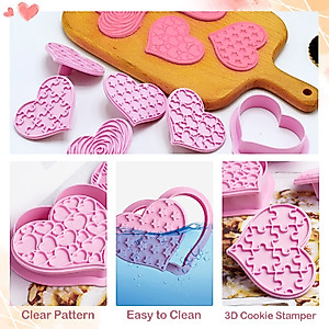 FVVMEED 6 Pieces Valentine's Day Heart Shape Plastic Biscuit Cutters Cookie Stamps Plunger Cutter Fondant Molds Embossing Spring Mold Press Cupcake Gum Paste Sugar Craft Decorating Baking Tool