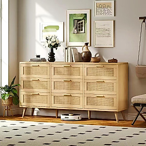 Keehusux Rattan 9 Drawer Dresser for Bedroom, Accent Storage Dresser with Solid Wooden Legs, Long Chest of Drawers with Metal Handles for Closet, Living Room, Entryway, Natural KES003MDG