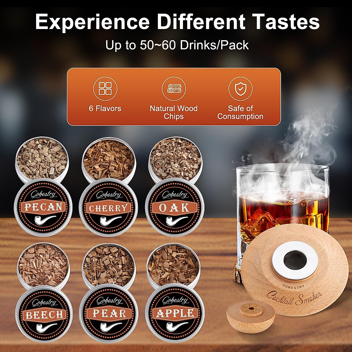 GOBESTRY Cocktail Smoker Kit with Torch – 6 Flavors Wood Chips – Bar Tools， Old Fashioned Cocktail Kit, Birthday Bourbon Whiskey Gifts for Men, Dad, Husband (Without Butane) (BLACK, One Size)