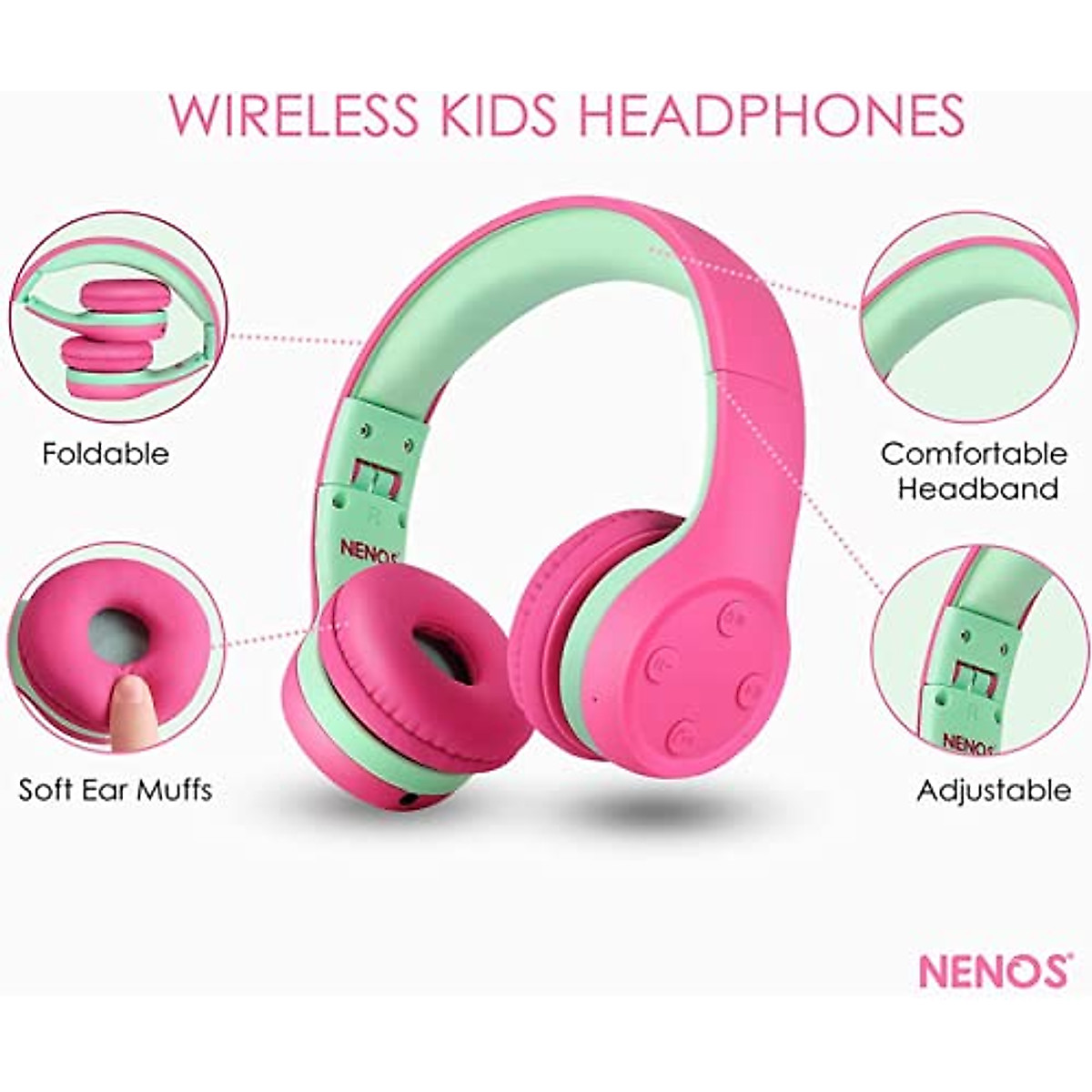 Nenos Bluetooth Kids Headphones Wireless Kids Headphones 93dB Limited Volume Wireless Headphones for Kids Boys Girls School Headphones Classroom (Pink)