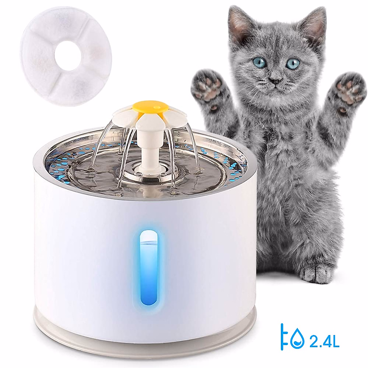 Beacon Pet Fountain, Cat Water Fountain 84oz/2.4L Automatic Dog Fountain Stainless Steel Pet Drinking Water Dispenser with LED Indicator for Cats, Dogs, Multiple Pets
