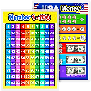 Outus 2 Pcs Number Chart 1-100 Money Poster Preschool Educational Posters Kids Toddlers Learning Supplies Laminated Currency Chart for Nursery Home School Pre-k Kindergarten Classroom Back to School