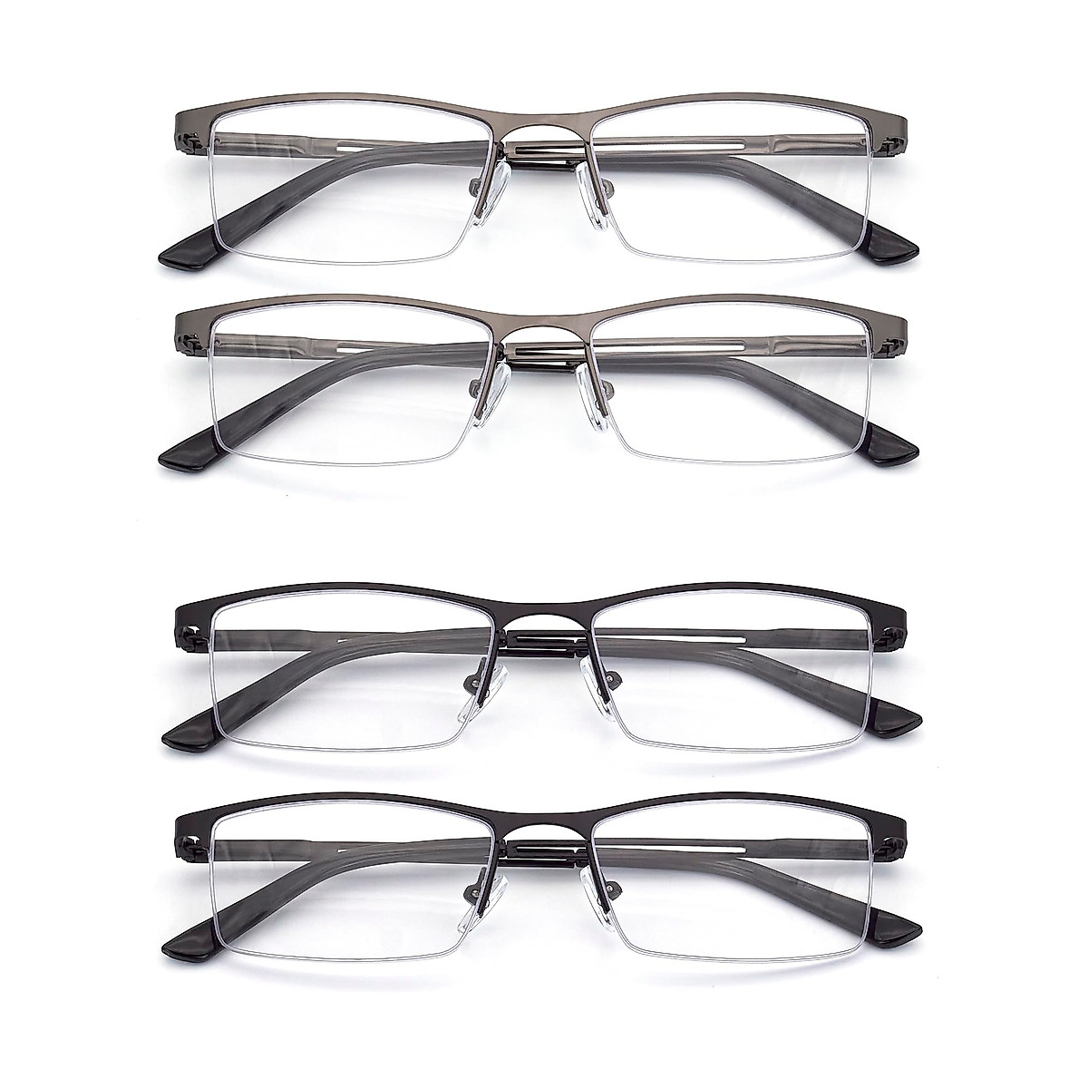 HIGHLIKE 4-Pack Blue Light Reading Glasses for Men, Metal Half Frame Readers Spring Hinge Clear Lens Eyeglasses with Pouches, Semi Rimless 2 Black 2 Gunmetal 2.0 x