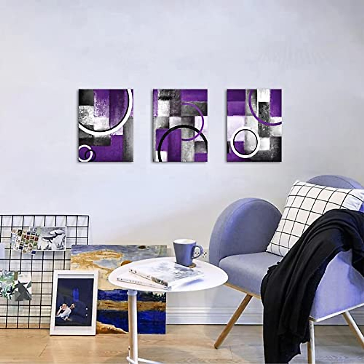 Visual Art Decor Purple and Grey Abstract Geometric Circle Canvas Wall Art Rustic Purple Prints Wall Decor Picture Artwork for Living Room Bedroom Wall Decoration Ready to Hang (Purple)