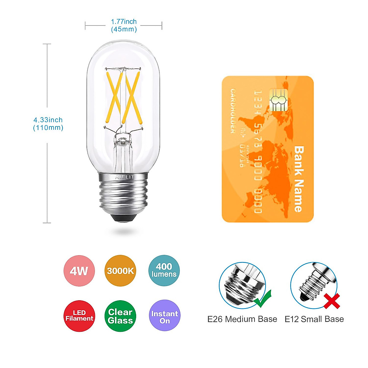 AIELIT 40 Watt Equivalent LED Bulb, E26 Base, Energy Efficient 4W, Soft Warm White 3000K Dimmable 400lm Tubular T14 T45 Edison LED Light Bulbs for Pendant Sputnik Vanity Chandeliers Ceiling, 4 Pack