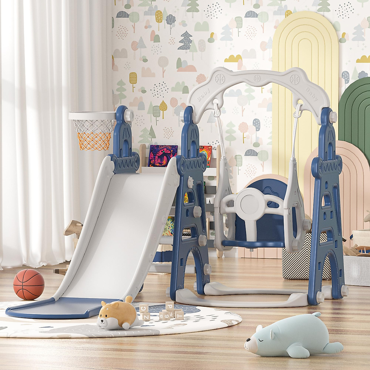 3-in-1 Kids Slide for Toddlers Age 1-3 Slide and Swing Set,Indoor Playground for Children,Freestanding Outdoor Slides with Basketball Hoop,Outside Climber Playhouses,Baby Climbing Toys Blue