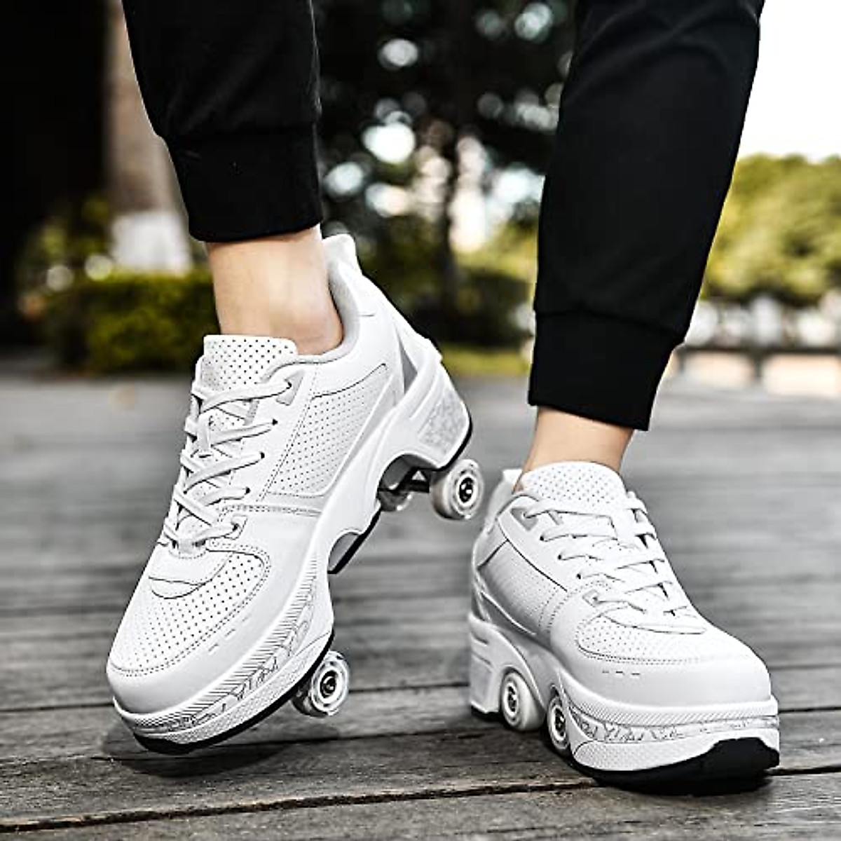 Roller Skate Shoes for Women Four Rounds Children's Roller Skates Shoes That Turn into Rollerskates Sneakers Outdoor Light Shoes with Wheels for Girls/Boys (White Silver, US 7)