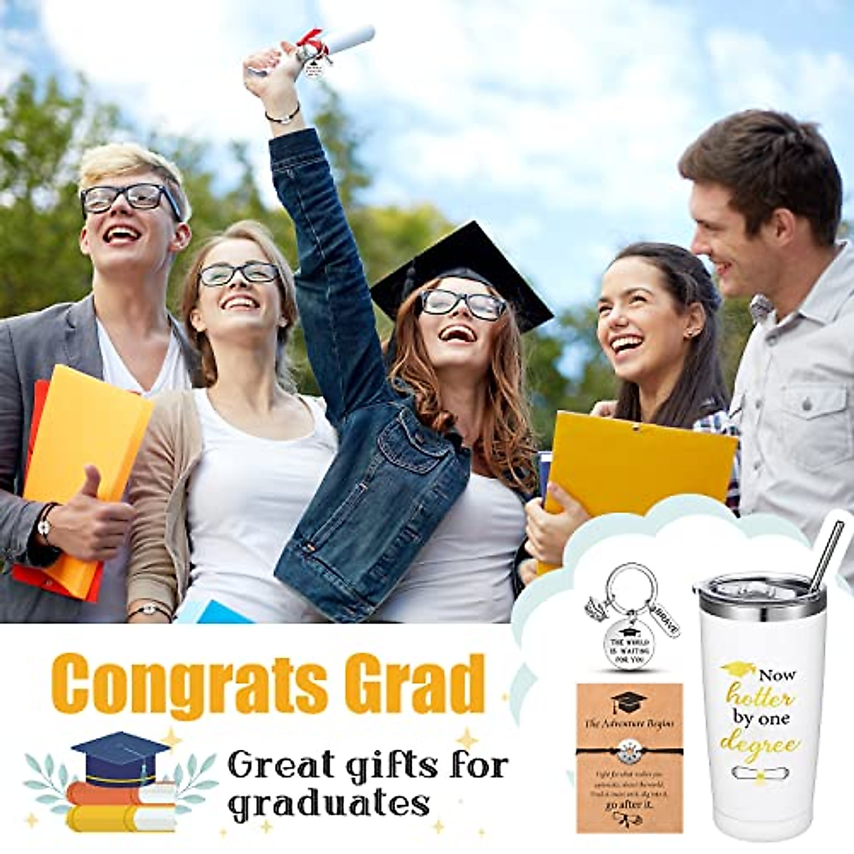 Karenhi 3 Pcs Graduation Gift Set Includes Class of 2023 Stainless Steel Tumbler with Lid, Straw Graduation Gift Keychain Graduation Bracelet Set Adjustable Compass Bracelet for School (Now Hotter)