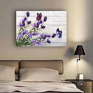 Purple Flowers Picture Canvas Prints Wall Art Room Wall Decor Floral on The Wooden Frame Background Painting for Bathroom Bedroom Home Wall Decoration Modern Artwork Poster Stretched Ready To Hang