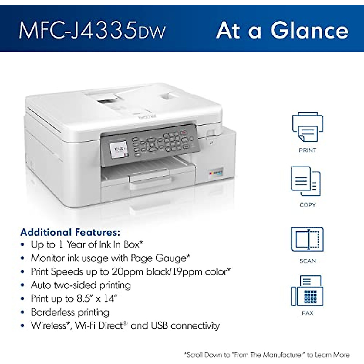 Brother INKvestment Tank MFC-J4335DW Wireless Color All-in-One Inkjet Printer - Print Copy Scan Fax - 20 ppm, 4800 x 1200 dpi, 8.5" x 11", Auto Duplex Printing, 20-Sheet ADF, Wulic Printer Cable