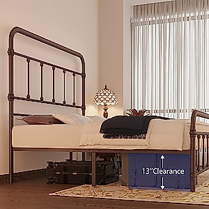 Macbimony Queen-Bed-Frame with headboard Giselle-Vintage Antique-Metal - Platform Mattress Foundation,49 inch High,No Box Spring Needed(Brown)