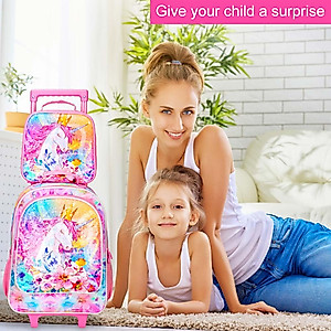 4PCS Rolling Backpack for Girls,Kids Unicorn Bookbag with Roller Wheels, Suitcase School Bag Set for Toddler Elementary