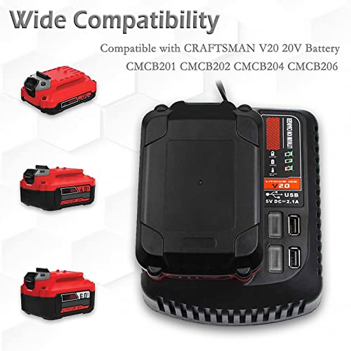 CMCB104 20V Battery Fast Charger with 2 USB Ports Compatible with 20V V20 Lithium Battery CMCB202 CMCB204 CMCB206 CMCB201 CMCB100 CMCB124 Power Tool Charger