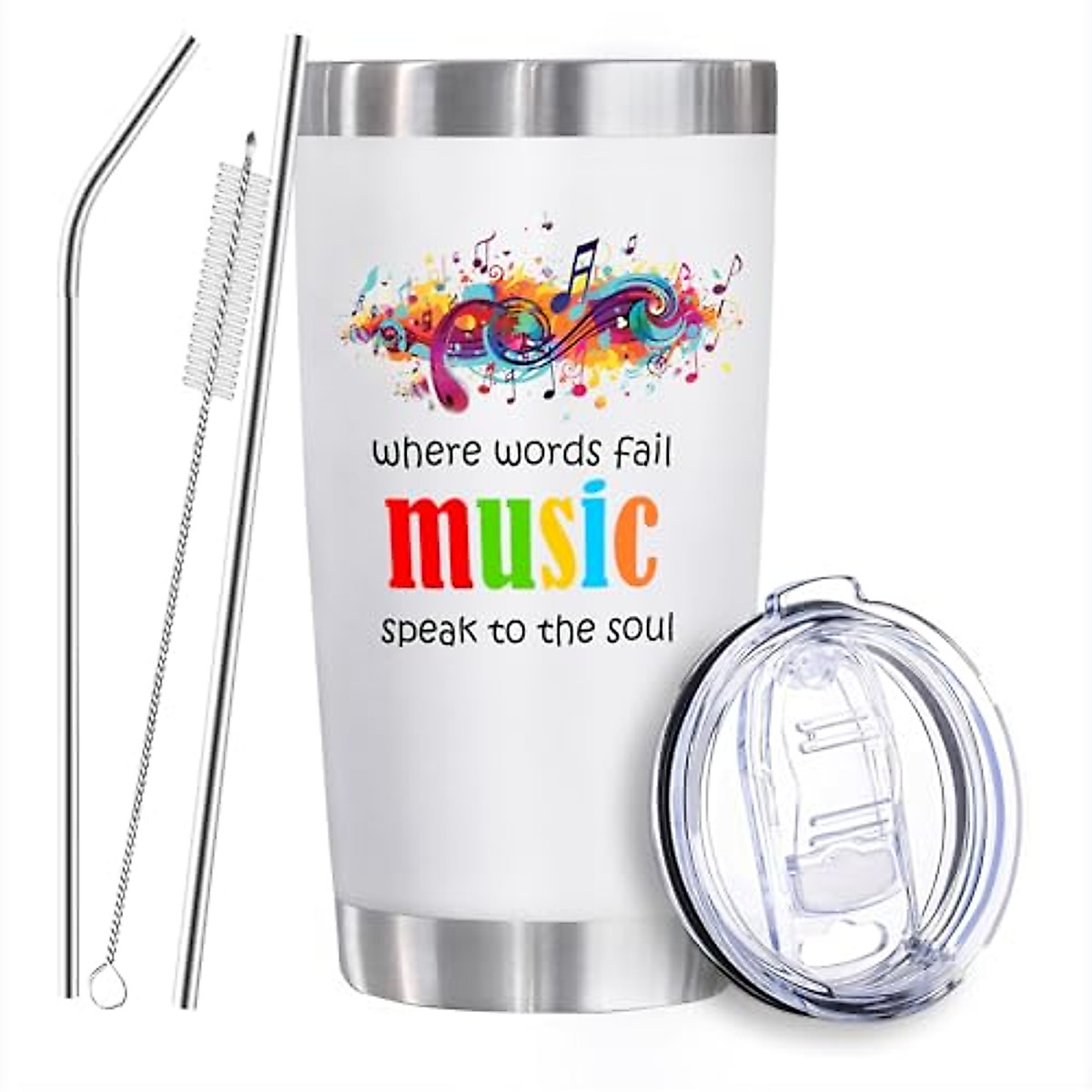 EchoMaven Music Gifts for Teachers & Lovers - 20oz Travel Tumbler, White - Where Words Fail, Music Speaks to the Soul - Perfect for Christmas & Birthdays