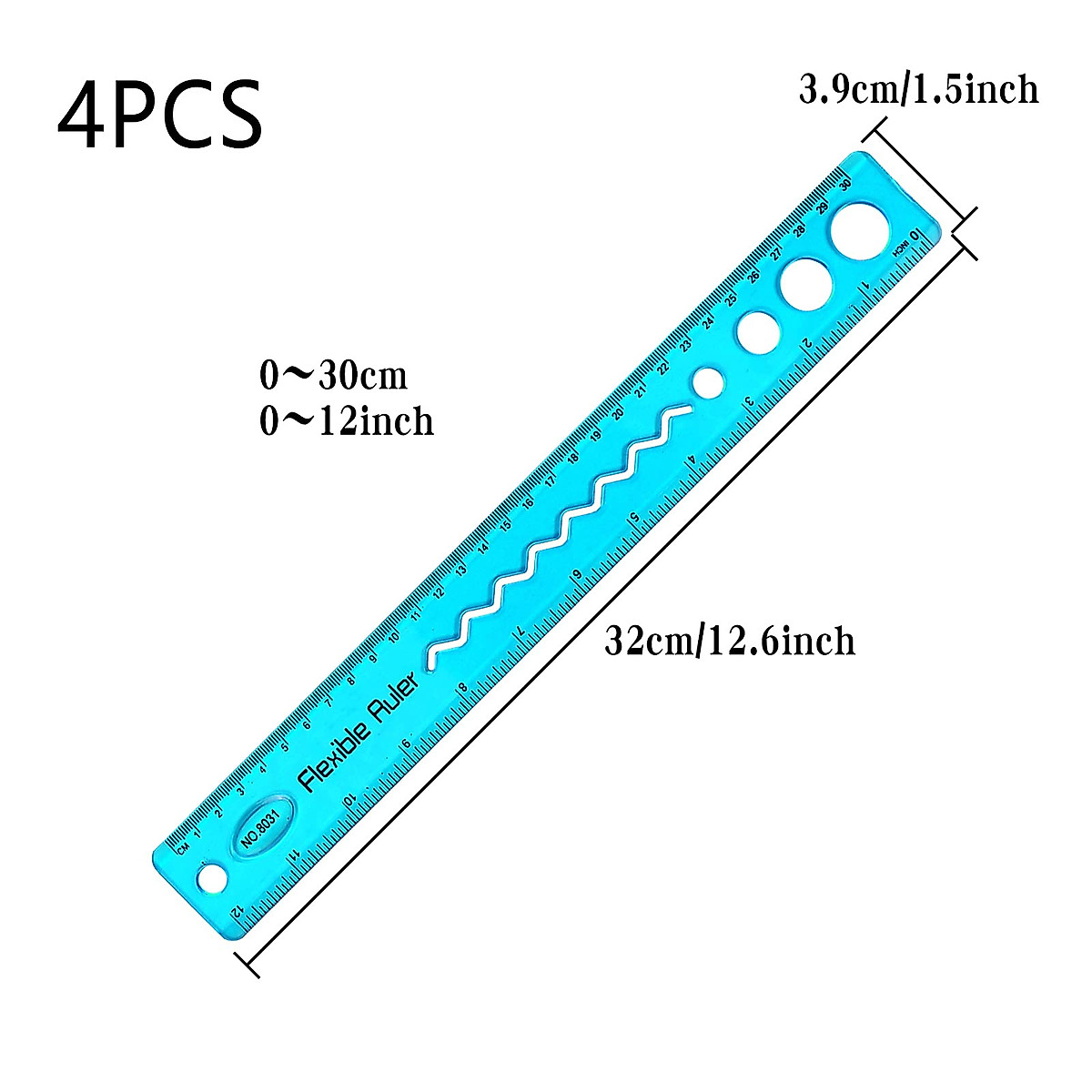 KINBOM 4Pcs 12 Inch Color Flexible Rulers,Soft Bendable Plastic Transparent Rulers,Shatterproof Clear Rulers,Safety Kids School Supplies,Suitable for School, House and Office