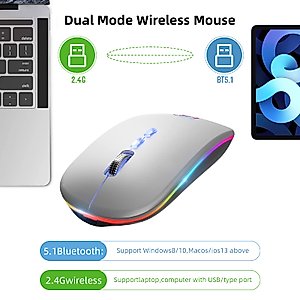 HOTLIFE LED Wireless Mouse, Slim Rechargeable Silent Bluetooth Mouse, Portable USB Optical 2.4G Wireless Bluetooth Two Mode Computer Mice with USB Receiver and Type C Adapter(Silver)