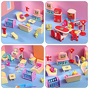 59 Pcs Dollhouse Furniture Accessories Sets Living Room Dining Room Bedroom Bathroom Miniature Doll House Furniture Plastic Pretend Doll Housework Cleaning Furniture Play Toy Gifts for Boy Girl Age 6+
