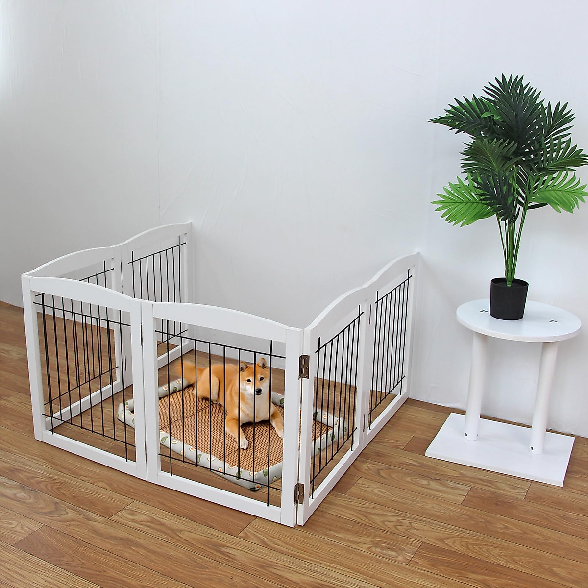 ZJSF Freestanding Foldable Dog Gate for House Extra Wide Wooden White Indoor Puppy Gate Stairs Dog Gates Doorways Tall Pet Gate 4 Panels Fence