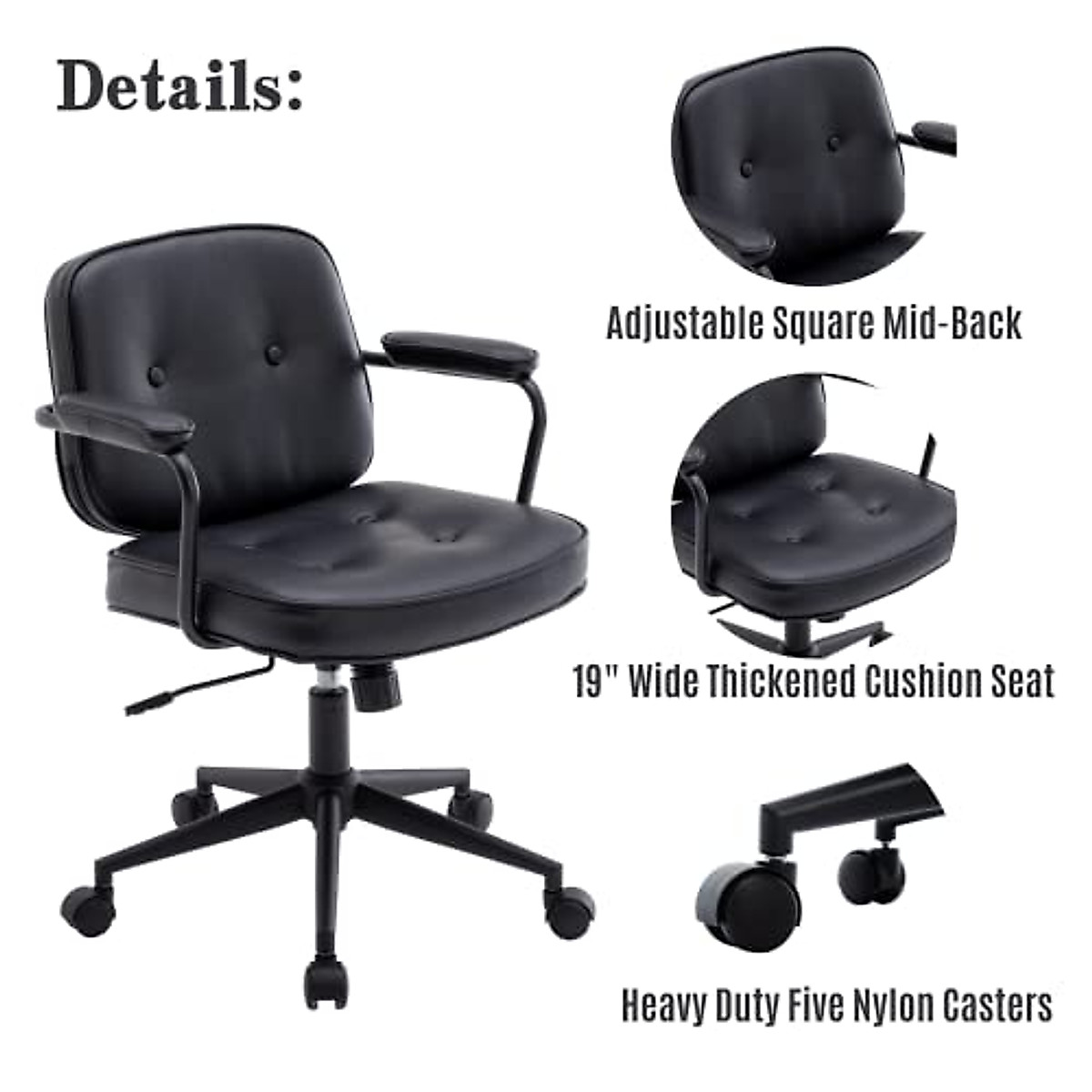 LukeAlon Adjustable Pu Leather Office Chair, Comfy 360° Swivel Task Chair with Armrest Modern Thickened Seat Desk Chair Tiltable Computer Chair with Button Tufted for Home Office, Black