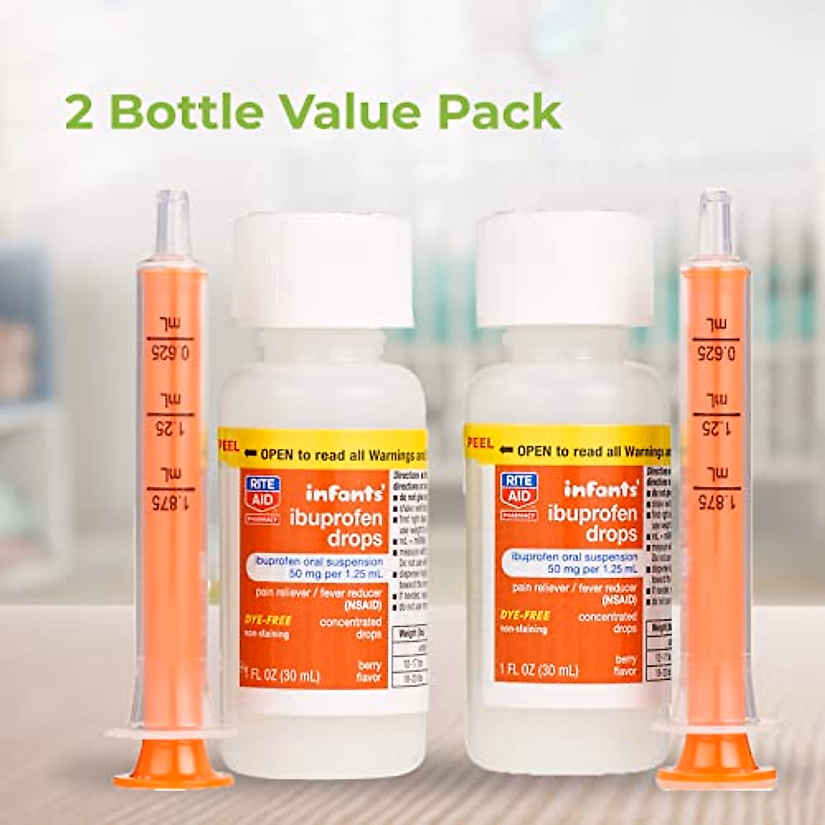 Rite Aid Infants' Dye-Free Ibuprofen Drops, Berry Flavor, 50 mg - 2 Value Pack | Infant Pain Reliever | for Babies Ages 6 to 23 Months | Ibuprofen Oral Suspension 50 mg per 1.25 mL | Gluten Free