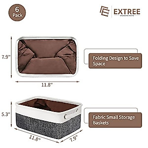 EXTREE Fabric Small Storage Baskets - 6 Pack Nursery Decorative Storage Bins Linen Empty Gift Basket with Handles for Organizing Shelves Bathroom(Gray,11.8L x 7.9W x 5.3H inches)
