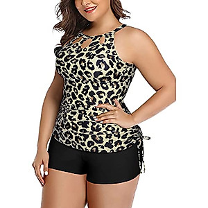 Aqua Eve Women Two Piece Plus Size Swimsuit High Neck Tankini Set Tummy Control Bathing Suit with Shorts Leopard 18W