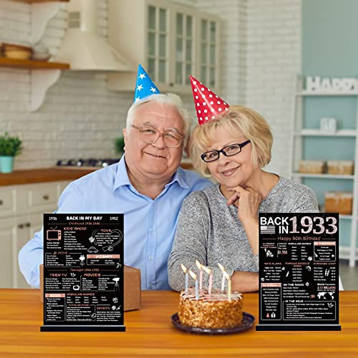 Crenics Rose Gold 90th Birthday Decorations for Women, 2 Pieces Back in 1933 Birthday Poster with Stand, 1933 90th Birthday Gifts Table Centerpieces Party Supplies