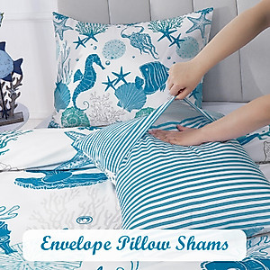 ASPMIZ 3 Piece Ocean Duvet Cover Queen Size Set, Double Side Reversible Soft Sea Coastal Queen Duvet Cover with Zipper Closure, Blue Comforter Cover Set, 1 Duvet Cover 90 x 90 inches & 2 Pillow Shams