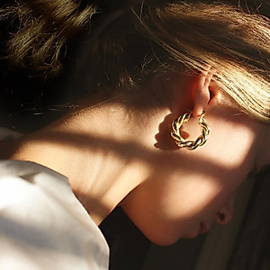 Twisted Gold Hoop Earrings for Women, Thick Chunky Hoops Hypoallergenic Vintage Twist Earings Big