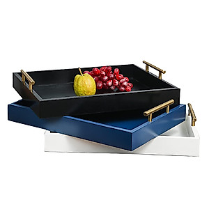 Juleduo Serving Tray 16.5“X 13“Deluxe Wooden Ottoman Tray for Coffee Table with Polished Silver Metal Handles and 4 Coasters, Living Room Bathroom Coffee Bar Organizer Modern Decorative Blue Tray