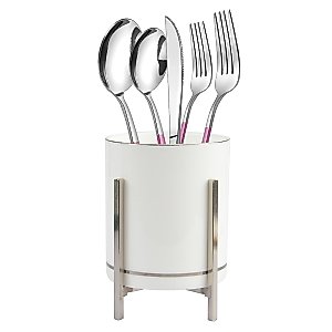 MONOSUGO Farmhouse Flatware Holder for Dinner Table, Countertop Silverware Organizer, Decorative Cutlery Utensil Caddy for Kitchen or Parties, Spoon Fork Knife Organizer, Cup with Silver Trim, 1 Pcs