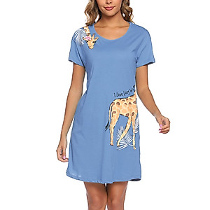 ENJOYNIGHT Nightgown for Women Cotton Short Sleeve Nightshirts Casual Print Sleepwear (Blue Giraffe, Small-Medium)
