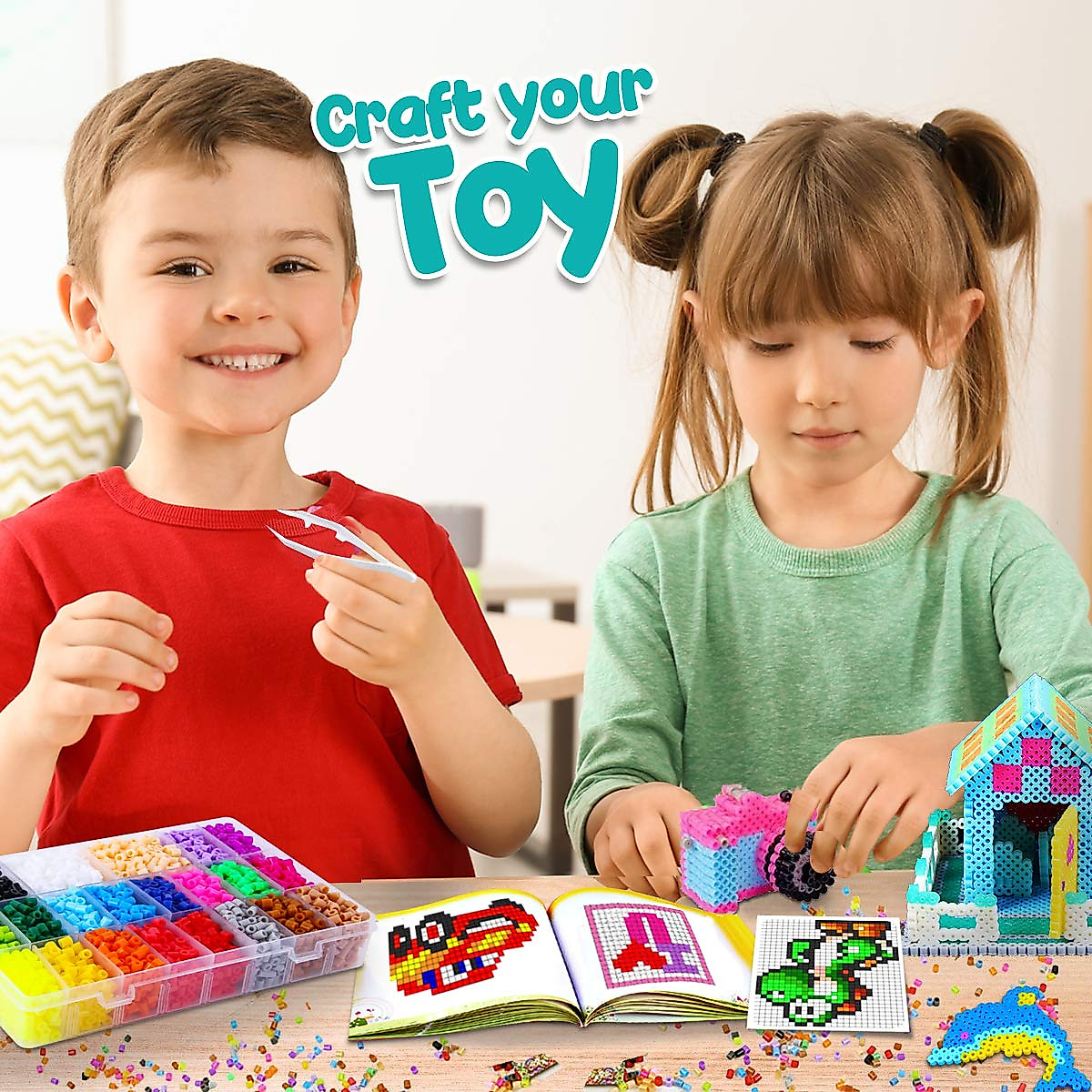 GoodyKing 5500 pcs+ Arts and Crafts Fuse Beads Kit for Kids with Instruction - 5mm Pixel Art Melty Plastic Beads Set with 111 Patterns, 21 Assorted Colors Plus - School Teens Kids Age 4 5 6 7 8 and up