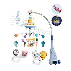 BSROLUNA Baby Crib Mobile with Music and Lights, Baby Mobile for Crib with Remote Control, Hanging Rotating Animals Rattles, 16 Songs and Timing Function, Cartoon Baby Crib Toys for Boys (Baby Blue)