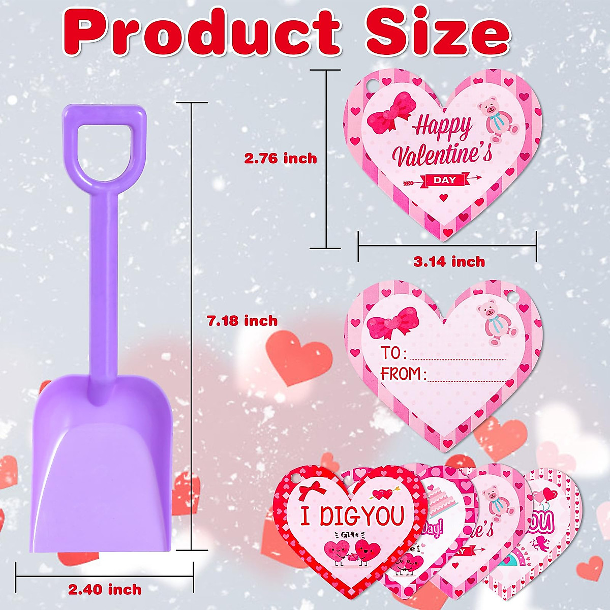 MGparty 24 Pack Valentines Day Plastic Toy Shovels with Cards, I Dig You Stickers, Gifts Bags Valentines Day Classroom Gift Exchange Supplies Party Favors for Kids