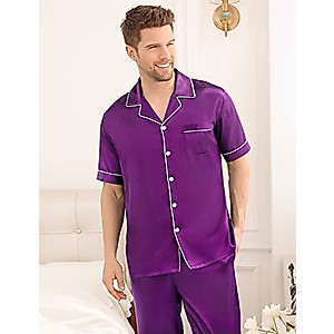 SWOMOG Mens Satin Silky Pajama Set Short Sleeve Classic Sleepwear Button Down Loungewear with Long Pants Purple Large