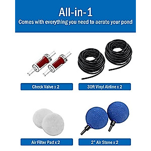 Pond Aeration Kit – AquaMiracle Pond Air Pump Kit Koi Pond Aerator for Pond up to 1000 Gallons Pond Deicer All-in-One Pond Aeration System with Double Outlet Airline Tubing Air Stones Check Valves