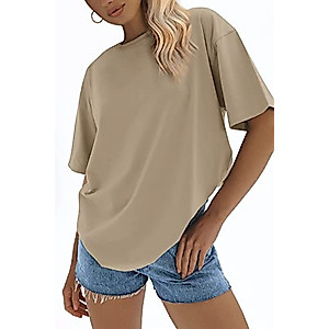 ATHMILE Womens Oversized T Shirts Loose Fit Crewneck Short Sleeve Tops Summer Casual Blouse 2023 Y2K Basic Tee Khaki