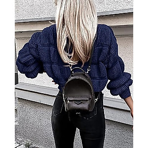 PRETTYGARDEN Women's 2024 Fall Sweaters Casual Crew Neck Pullover Long Puff Sleeve Loose Plain Chunky Knit Cute Blouse Tops (Navy,Large)