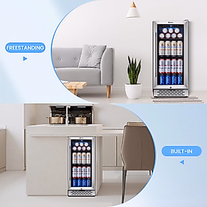 15 Inch Beverage Refrigerator Under Counter, Small Beverage Fridge with Glass Stainless Steel Door&Lock,130 Cans Beverage Cooler For Home, Built-in/Freestanding Mini Fridge for Beer Soda Wine Water