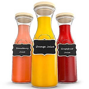 3 Pack Glass Water Carafe Pitchers with Lid and Tag, 1 Liter Iced Tea Beverage Pitcher Set, Milk Juice Container for Refrigerator, Glass Juice Pitcher for Lemonade Drink Brunch Decor Mimosa Bar Party