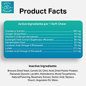 Tear Stain Remover for Dogs Plus Lutein - Supplement for White Dogs & All Other Dog Breeds - Eliminates Unsightly Eye Tear Stains for Dogs & Cats - 65 Soft Chews Enhanced with Cranberry Extract