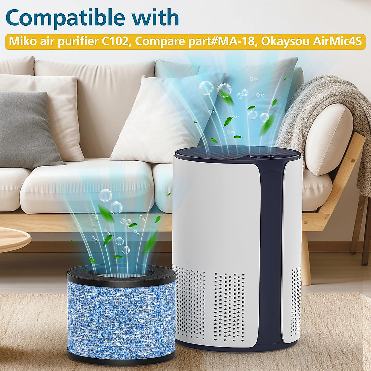 2 Pack C102(MA-01CW) True HEPA Air Filter Replacement, Compatible with MA-18,Okaysou AirMic4S, Miko C102 IBuki -Air Purifier, H13 HEPA and Activated Carbon Filter