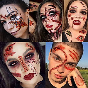 Shegazzi 228+ PCS 28 Sheets 3D Fake Scars Zombie Tattoo Temporary Halloween Makeup Kit For Kids Women Men Adults Fake Wound Cut Stitches Tattoo Chucky Makeup Kit Blood Scratches Scar Tatoos Decals