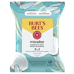 Burt's Bees Micellar Facial Towelettes With Coconut and Lotus, Pre-Moistened Towelettes for All Skin Types, 99.5 Percent Natural Origin Skin Care, 30 ct. Package