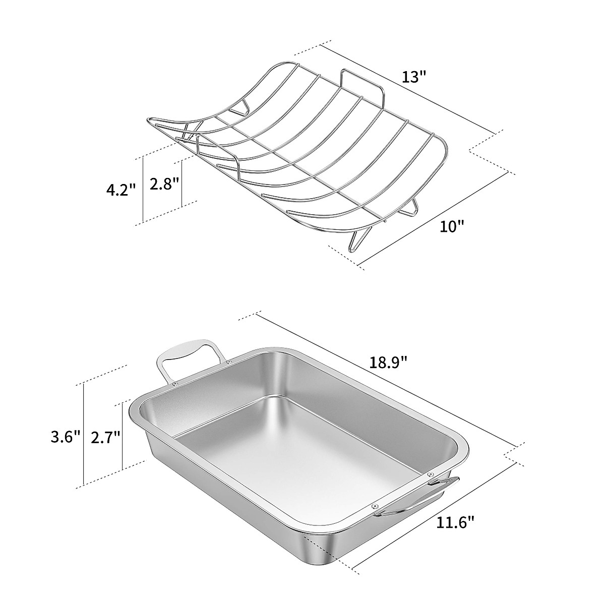 Skyflame Roasting Pan with Rack for Turkey, Stainless Steel Silver Rectangular Barbecue Bakeware Roaster Pan with Nonstick U-Rack for Indoor/Outdoor Oven Cooking