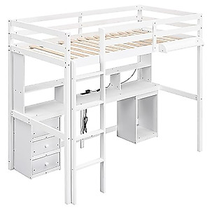 WADRI Twin Size Loft Bed with Multi-Storage Desk, Wood Loft Bed Frame with LED Light and Bedside Tray, Loft Bed with Charging Station for Kids Teens Adult, Space-Saving Design
