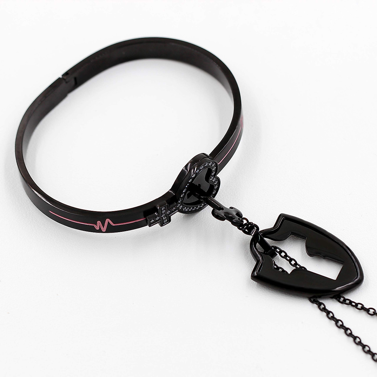 Stainless Black Heart Lock Bangle Heartbeat Line CZ Pave Cross Cuff Bracelet with Shield Key Pendant Necklace Couples Set (Heart, Black)